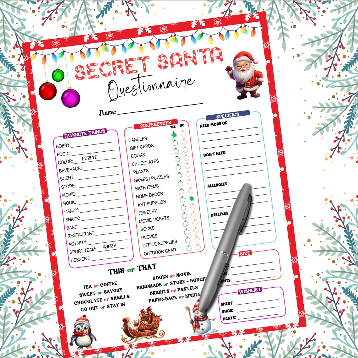 Secret Santa Questionnaire for Co-workers, Secret Santa Gift Exchange ...