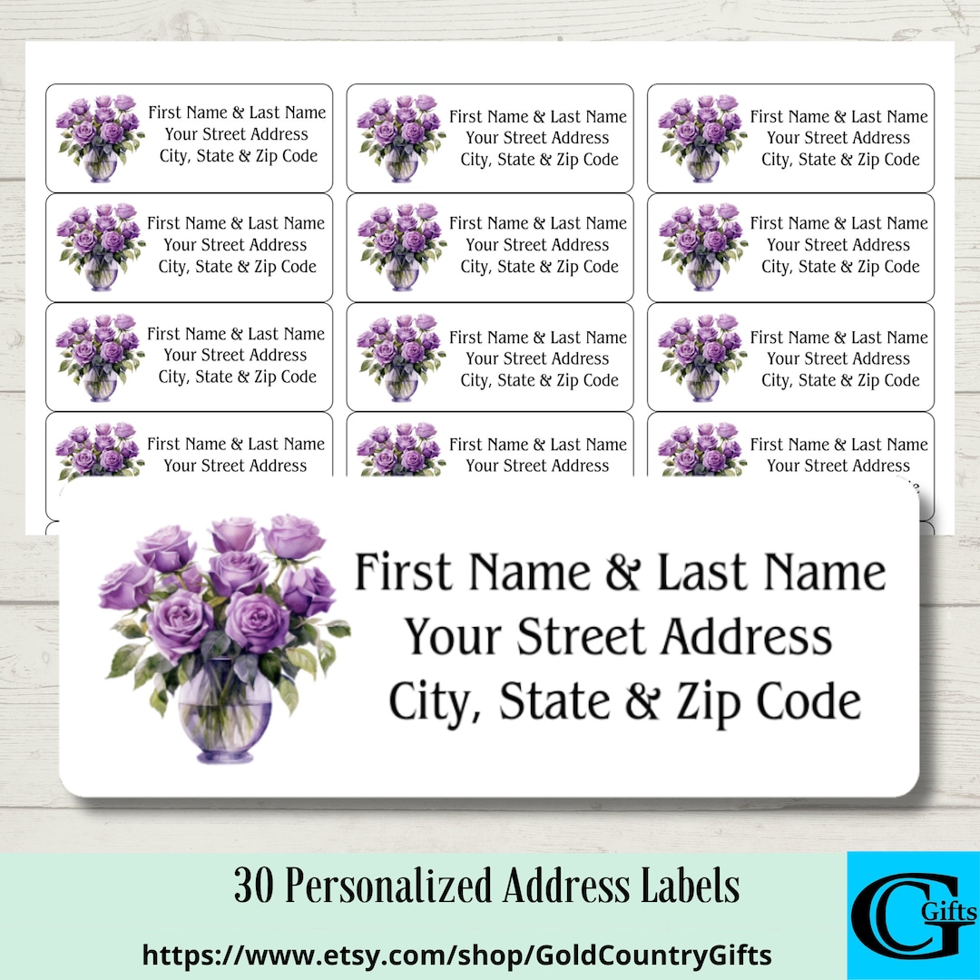 Personalized Address Labels, Purple Rose Return Address Labels, Custom ...