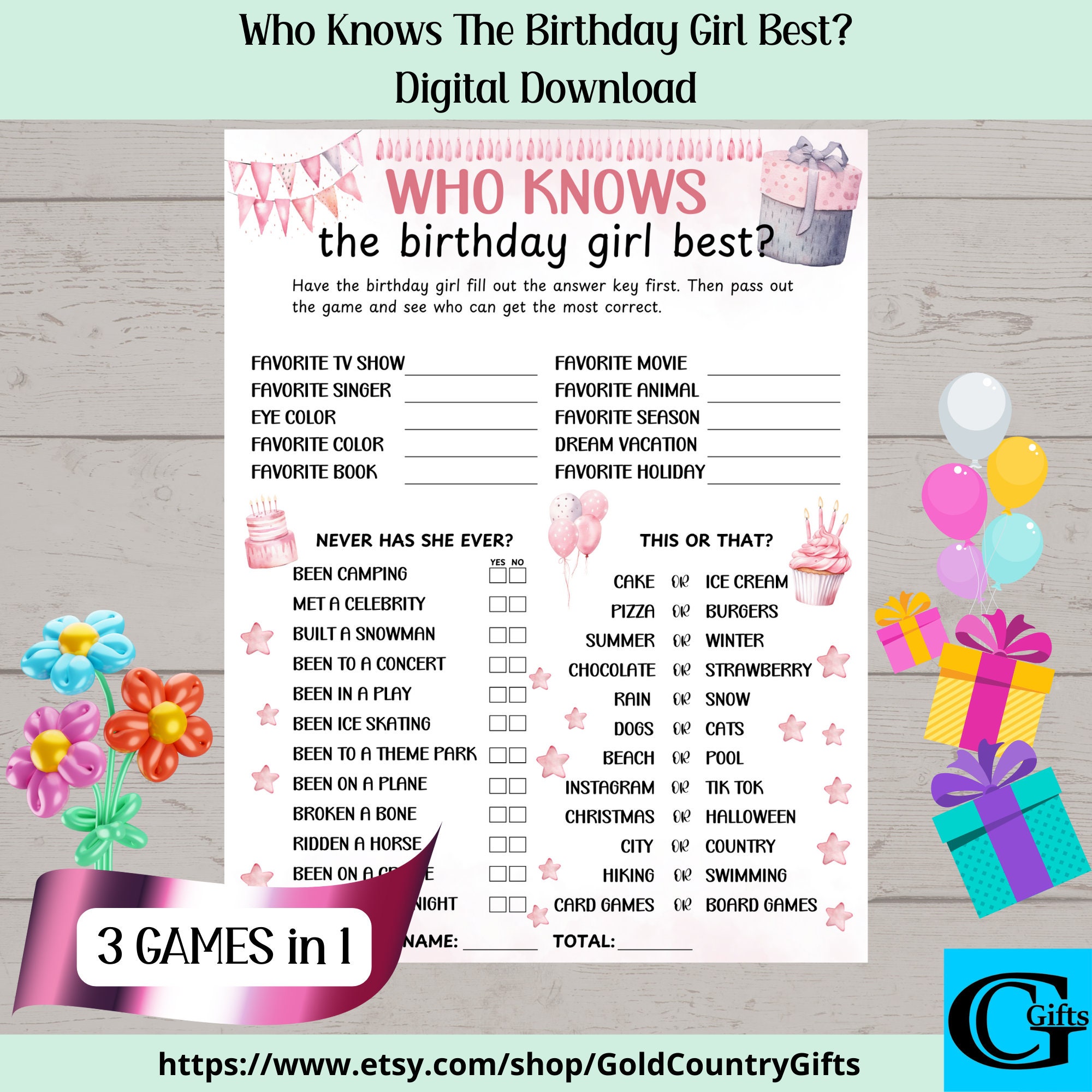 Who Knows the Birthday Girl Best Game, Printed Birthday Game, Instant ...