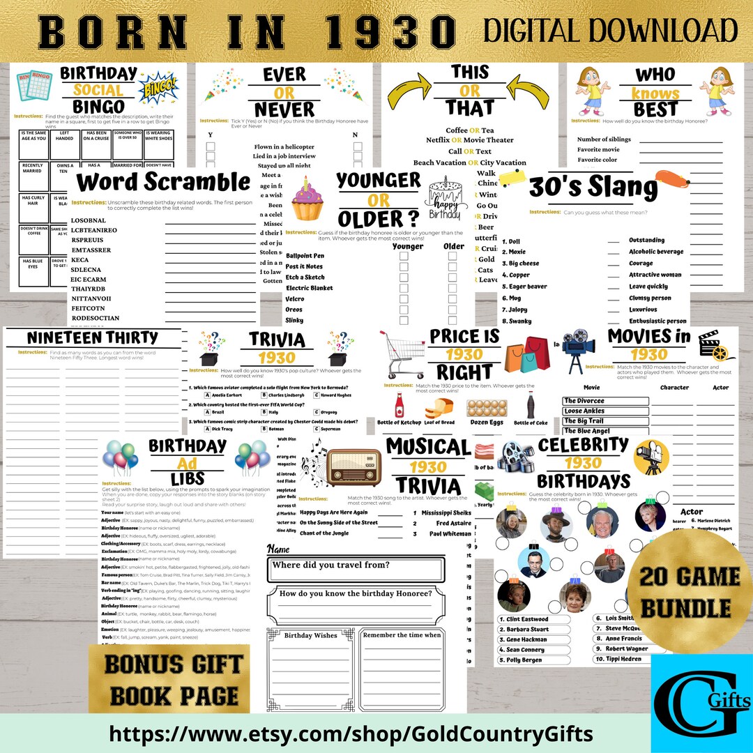 Printable Birthday Party Games, Born in 1930, 20 Birthday Game Bundle ...