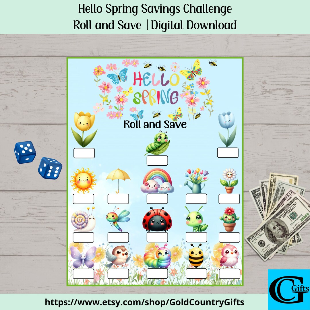 Printable Hello Spring Roll and Save Challenge, Money Savings Challenge ...