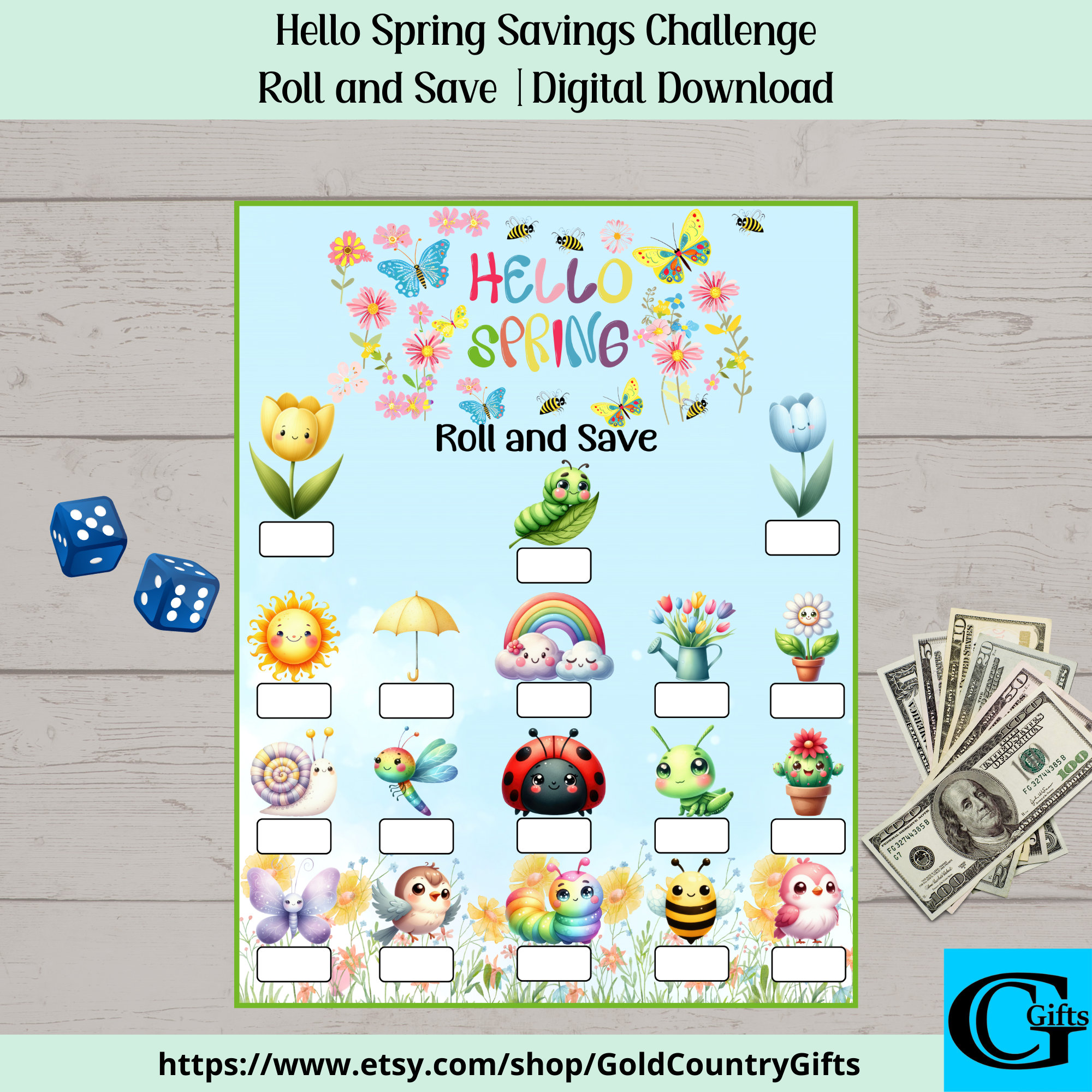 Printable Hello Spring Roll and Save Challenge, Money Savings Challenge ...