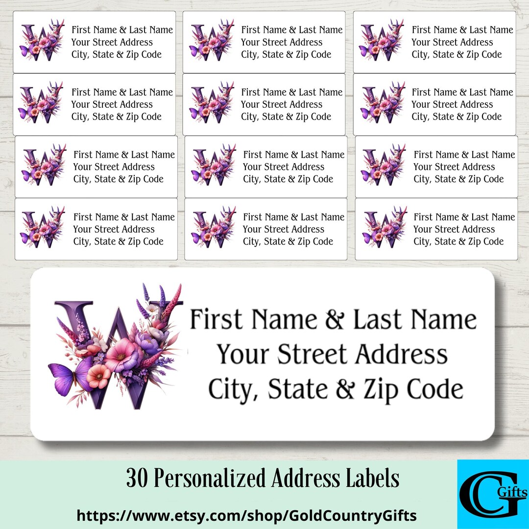 Personalized Address Labels, Purple Roses & Butterflies Monogram ...