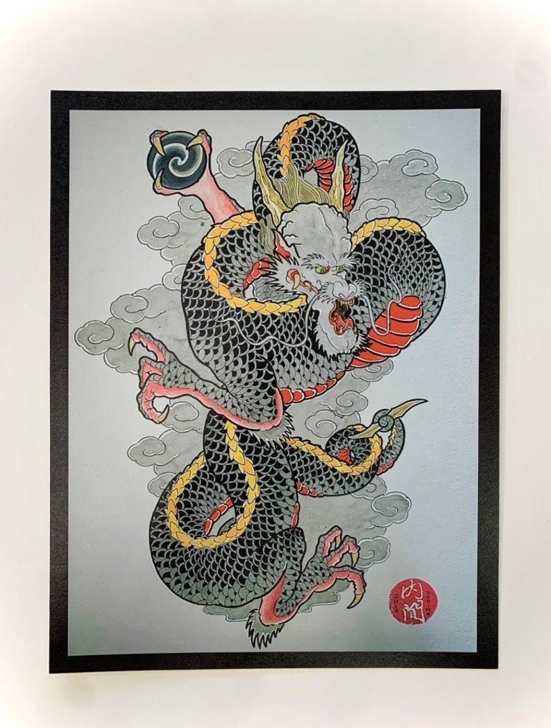 Tattoo Art Print of Japanese Dragon | Japan Art Yokai Ryu Mythology - Etsy