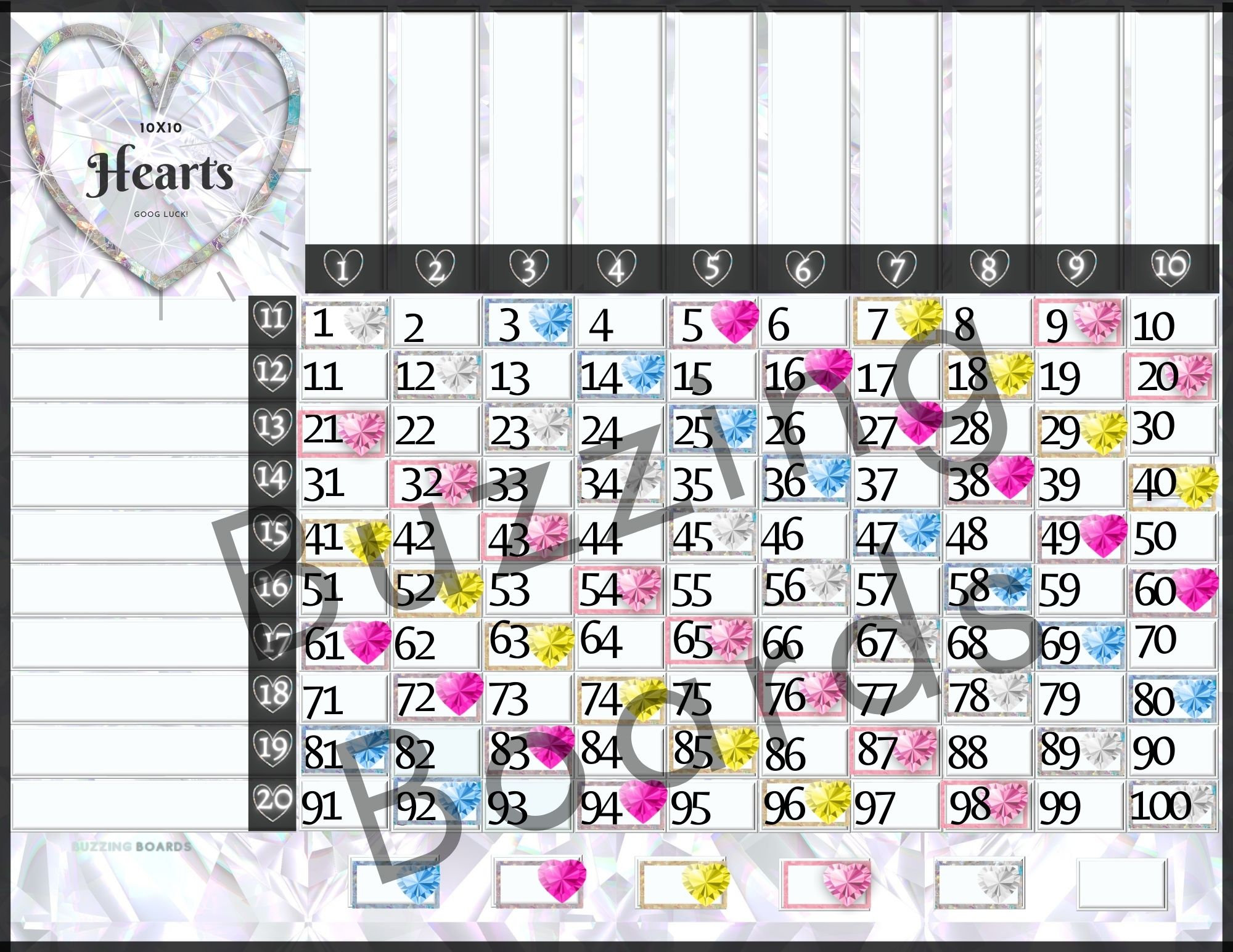 Crystal Hearts 10x10 Grid, Bingo Board, 20 Players, 1 PDF File, 8.5 X ...