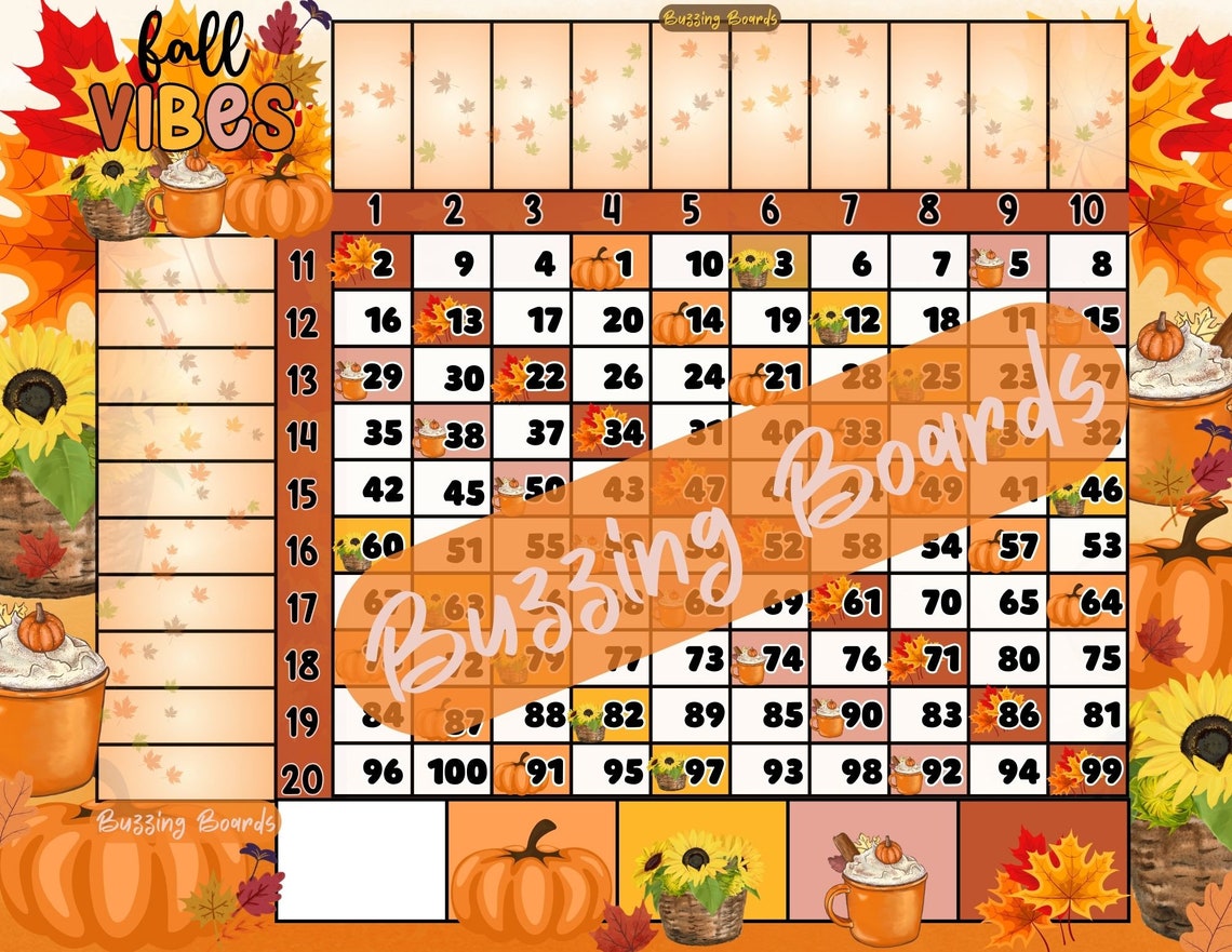 Fall Vibes Grid Bingo Board, 10x10 Grid, 20 Players, 2 PDF Files ...