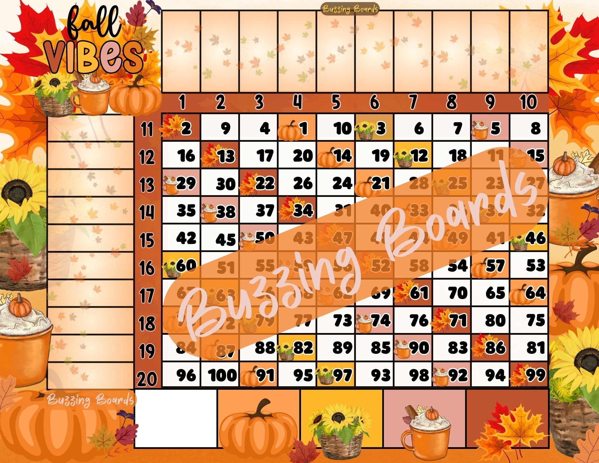 Fall Vibes Grid Bingo Board, 10x10 Grid, 20 Players, 2 PDF Files ...