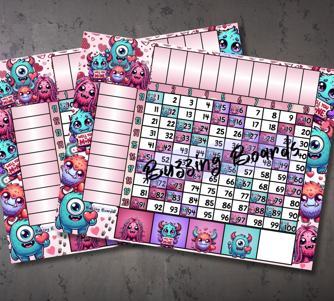 Monster Love Bingo Board, 10x10 Grid, 20 Players, 2 PDF Files straight ...
