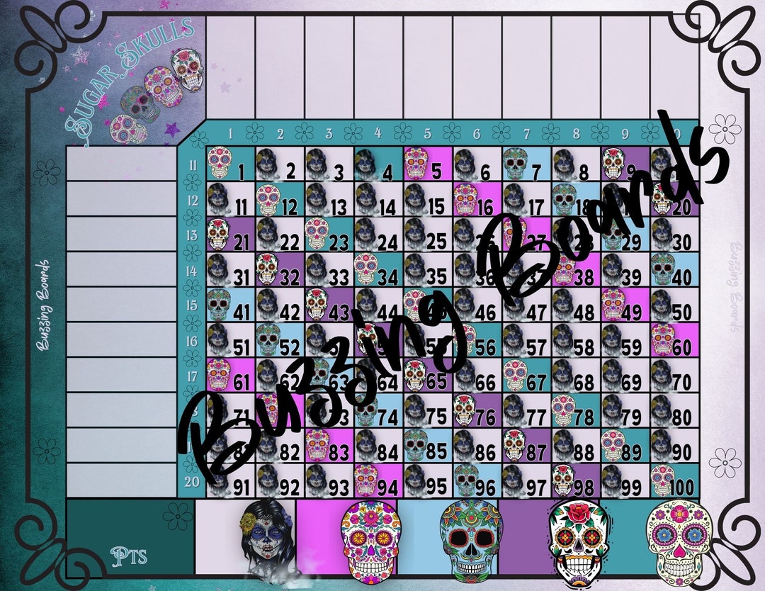 Sugar Skulls 10x10 Bingo Bingo Board, 20 Players, 2 PDF Files (straight ...
