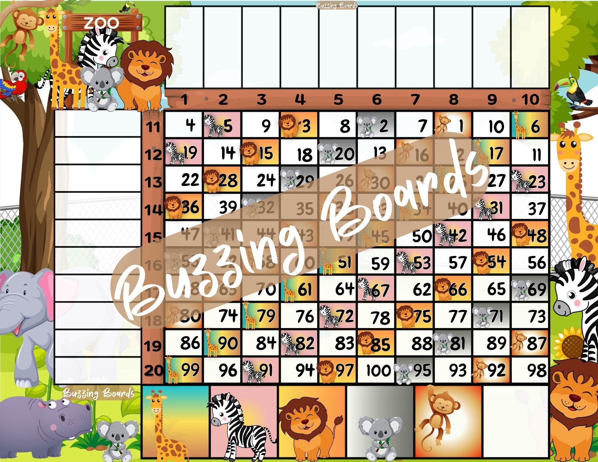 Zoo Animal Grid Bingo Board, 10x10, 20 Players, 1 to 100 Balls, 2 PDF ...
