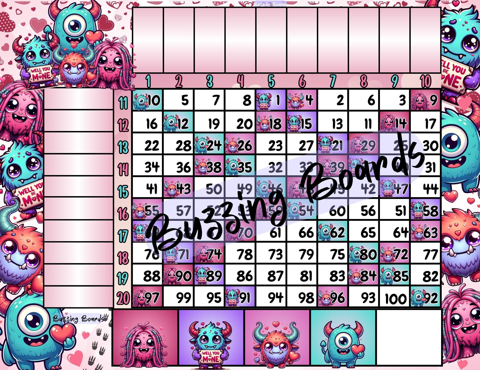 Monster Love Bingo Board, 10x10 Grid, 20 Players, 2 PDF Files (straight ...