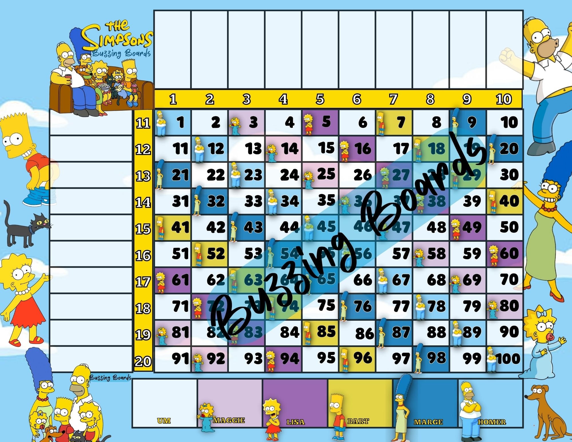 Simpsons Bingo Board, 10x10 Grid, 20 Players, 2 PDF Files (straight and ...