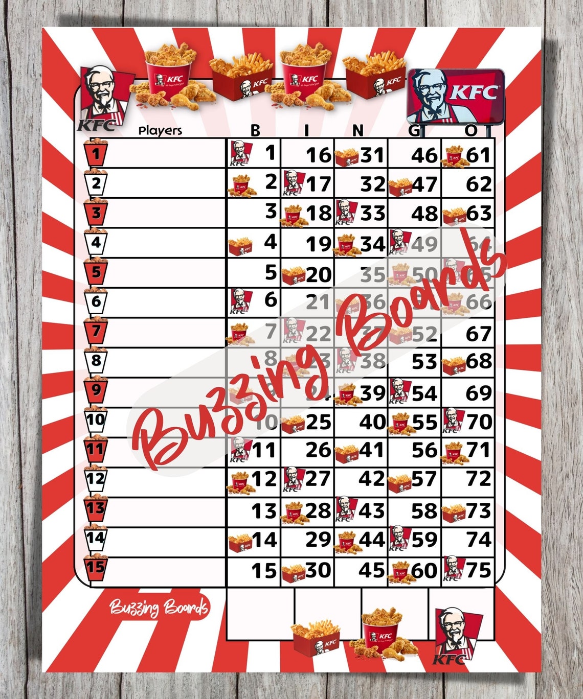 KFC Bingo Board, 2 Pdf's (straight and Mixed) , 8.5 X 11 Inches, 15 ...