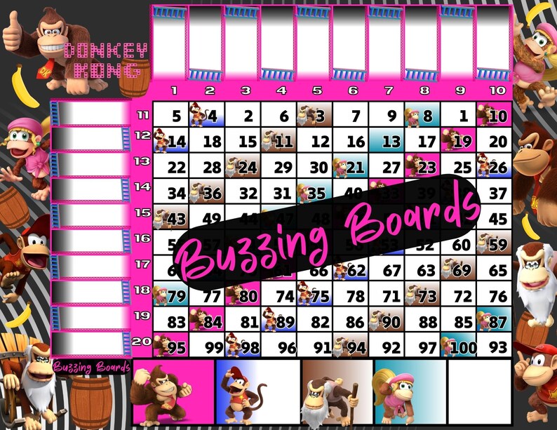 Donkey_kong Grid Bingo_board, 10x10 Grid, 20 Players, 2 PDF Files ...