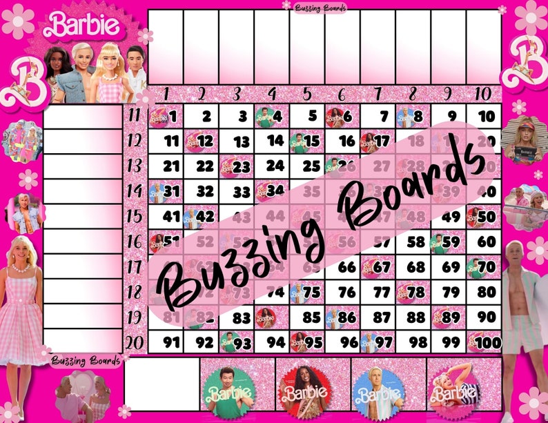 Barbiebingo Board Grid, 10x10 Grid, 20 Players, 2 PDF Files straight ...
