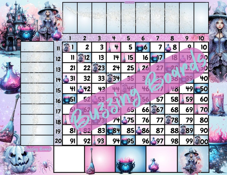Pastel Witch Bingo Board Grid, 10x10 Grid, 20 Players, 2 PDF Files ...