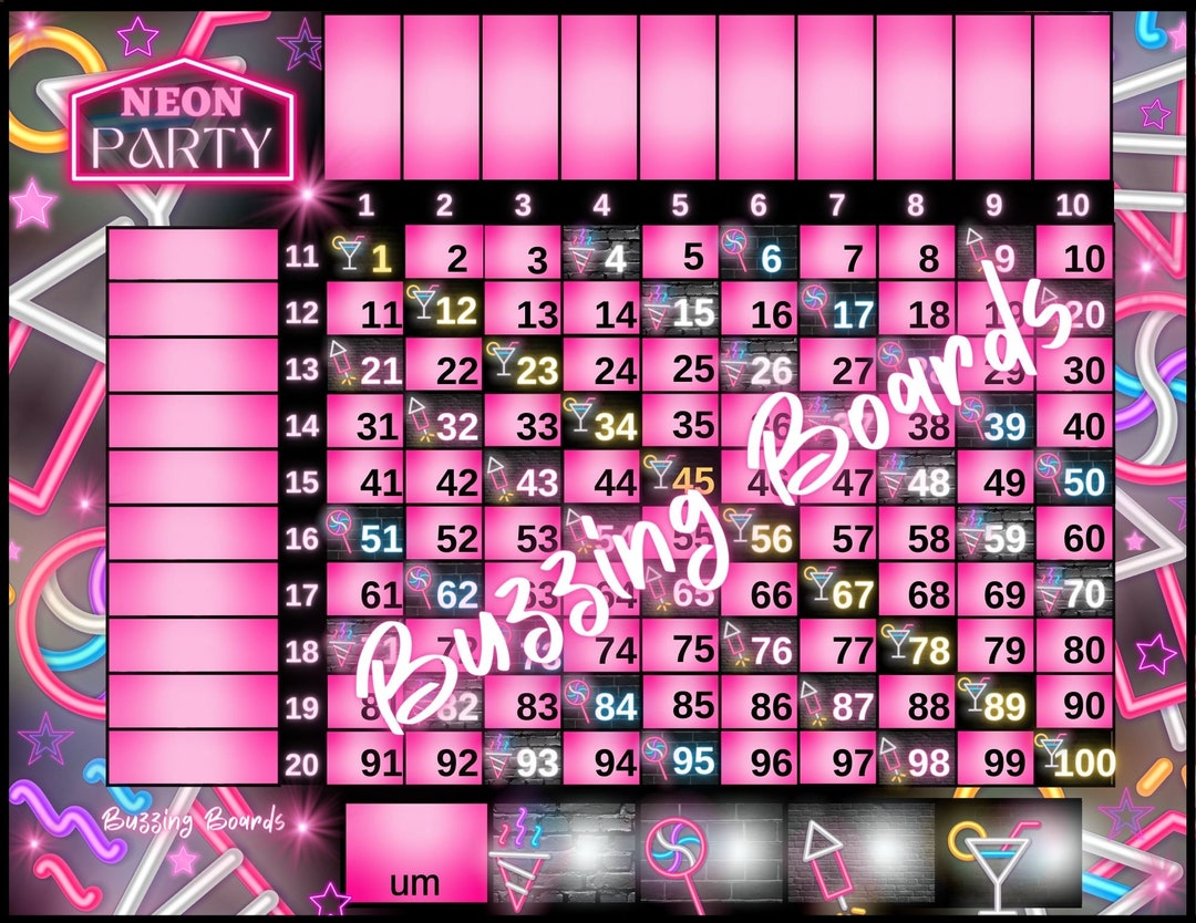 NEON PARTY Grid Bingo Board, 10x10, 20 Players, 100 Ball, 2 PDF Files ...