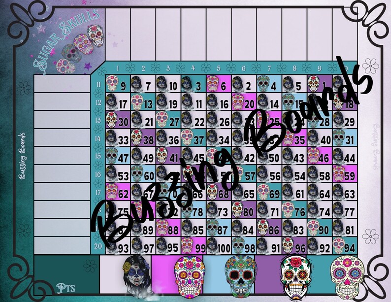 Sugar Skulls 10x10 Bingo Bingo Board, 20 Players, 2 PDF Files (straight ...