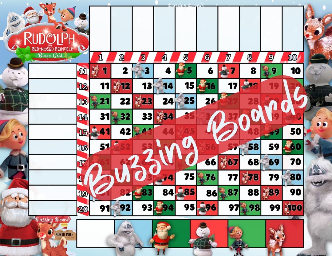 Rudolph the Red Nosed Reindeer Bingo Board, Grid, 10x10, 20 Players, 2 ...