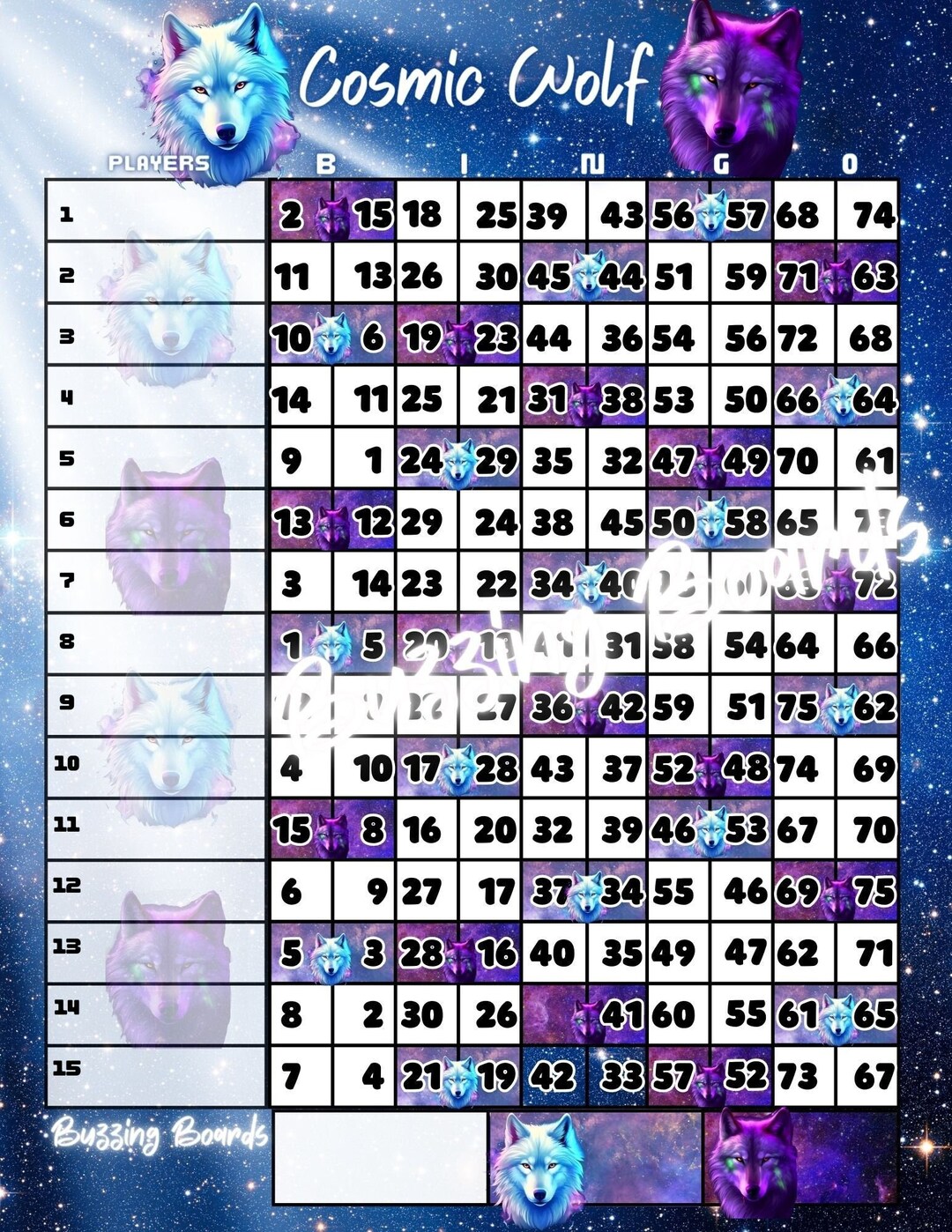 Cosmic Wolf Double Bingo Board, Double Houdini Bingo Board,15 Player ...