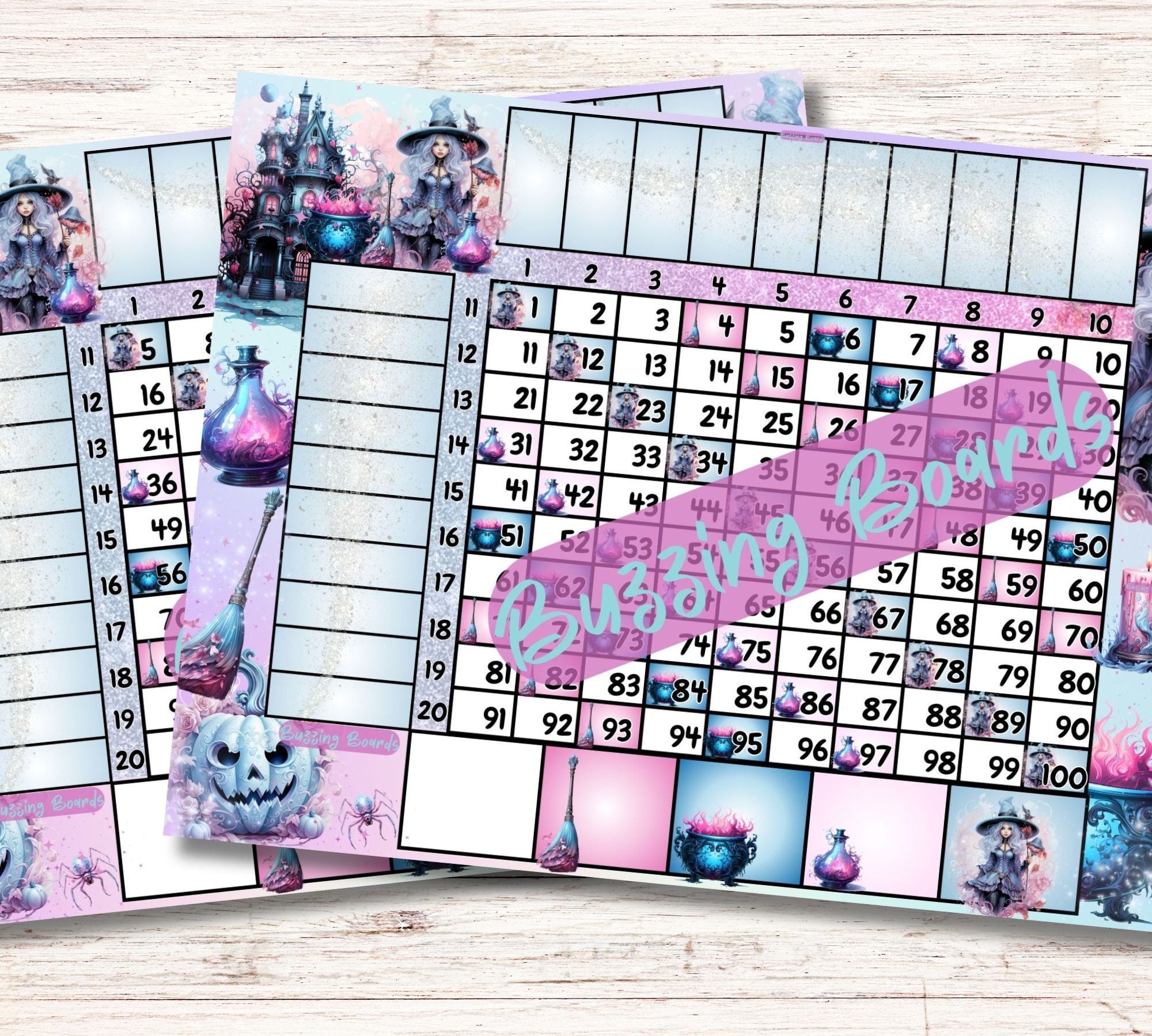 Pastel Witch Bingo Board Grid, 10x10 Grid, 20 Players, 2 PDF Files ...