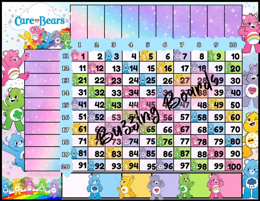 Care Bears Bingo Board, 10x10 Grid, 20 Players, 2 PDF Files (straight ...