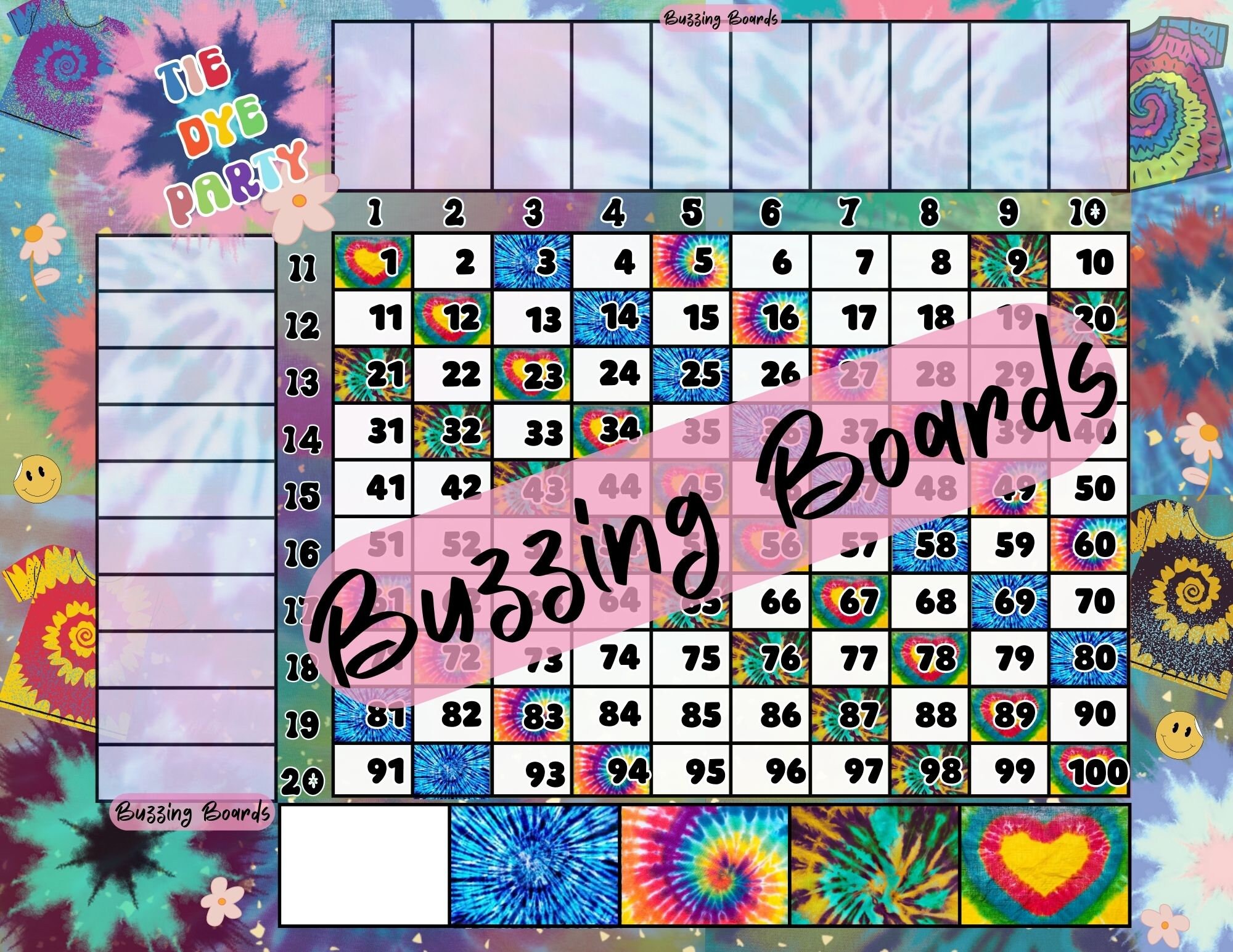 Tie Dye Bingo Board Grid, 10x10 Grid, 20 Players, 2 PDF Files (straight ...