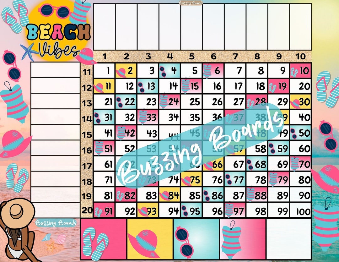 Beach Vibes Bingo Board Grid, 10x10 Grid, 20 Players, 2 PDF Files ...