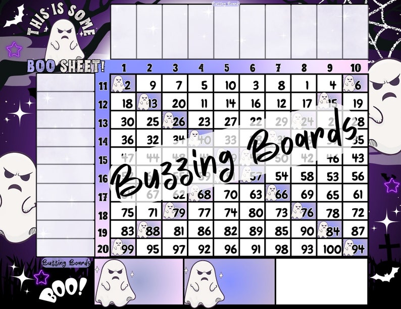 Cute Ghost Bingo Board Grid, 10x10 Grid, 20 Players, 2 PDF Files ...