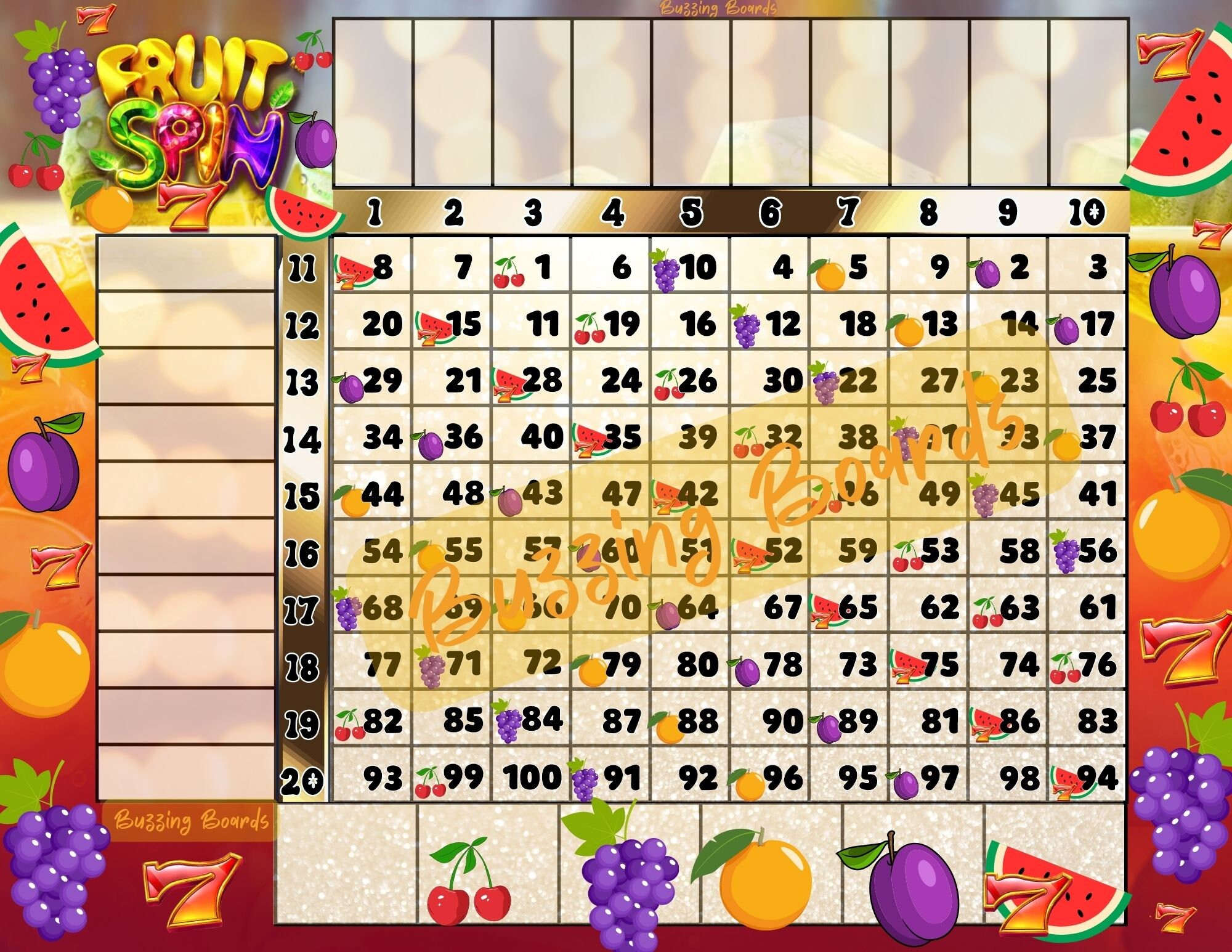 Fruitspin Bingo Board Grid, 10x10 Grid, 20 Players, 2 PDF Files ...