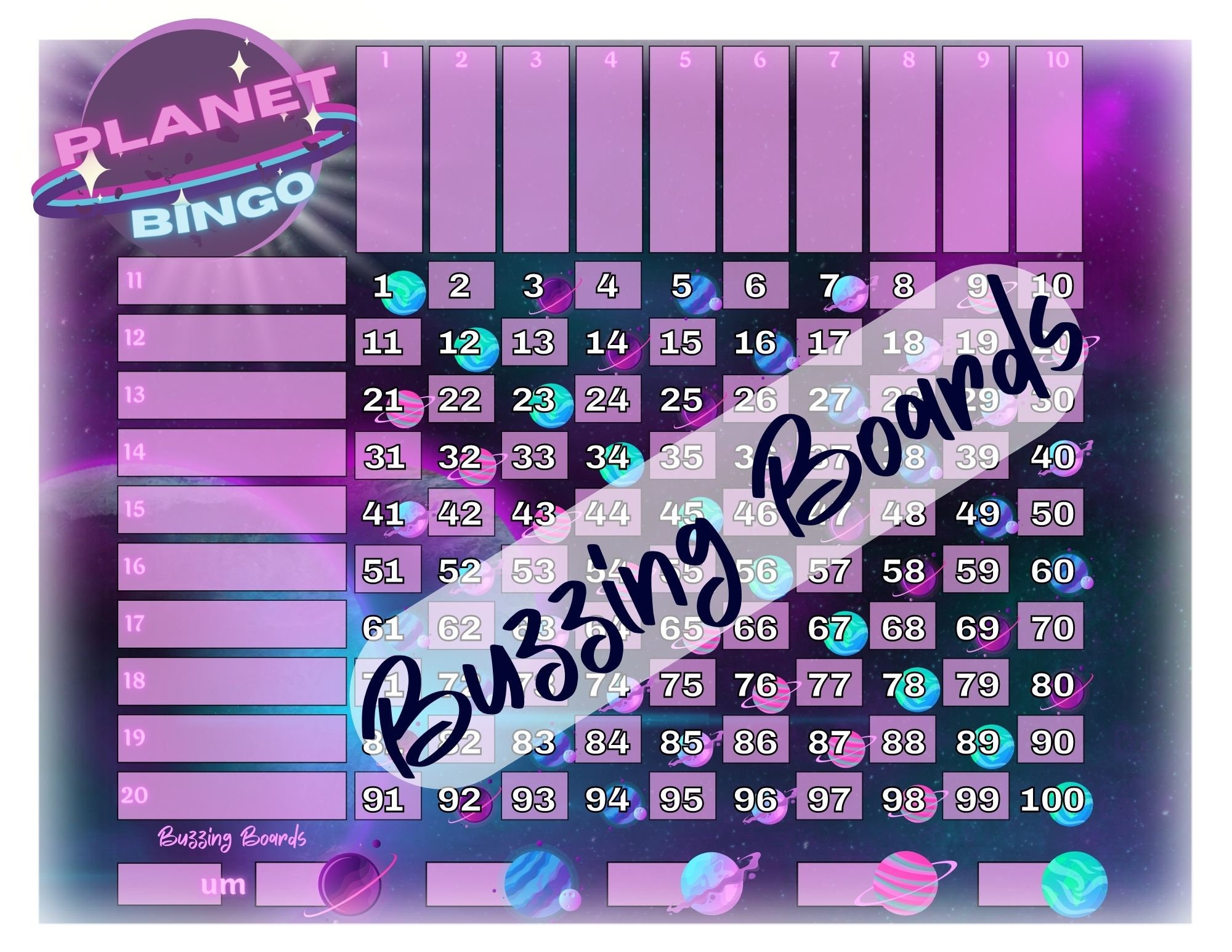 Planet Bingo Bingo Board, 10x10 Grid, 20 Players, 1 PDF File, 11 X 8.5 ...