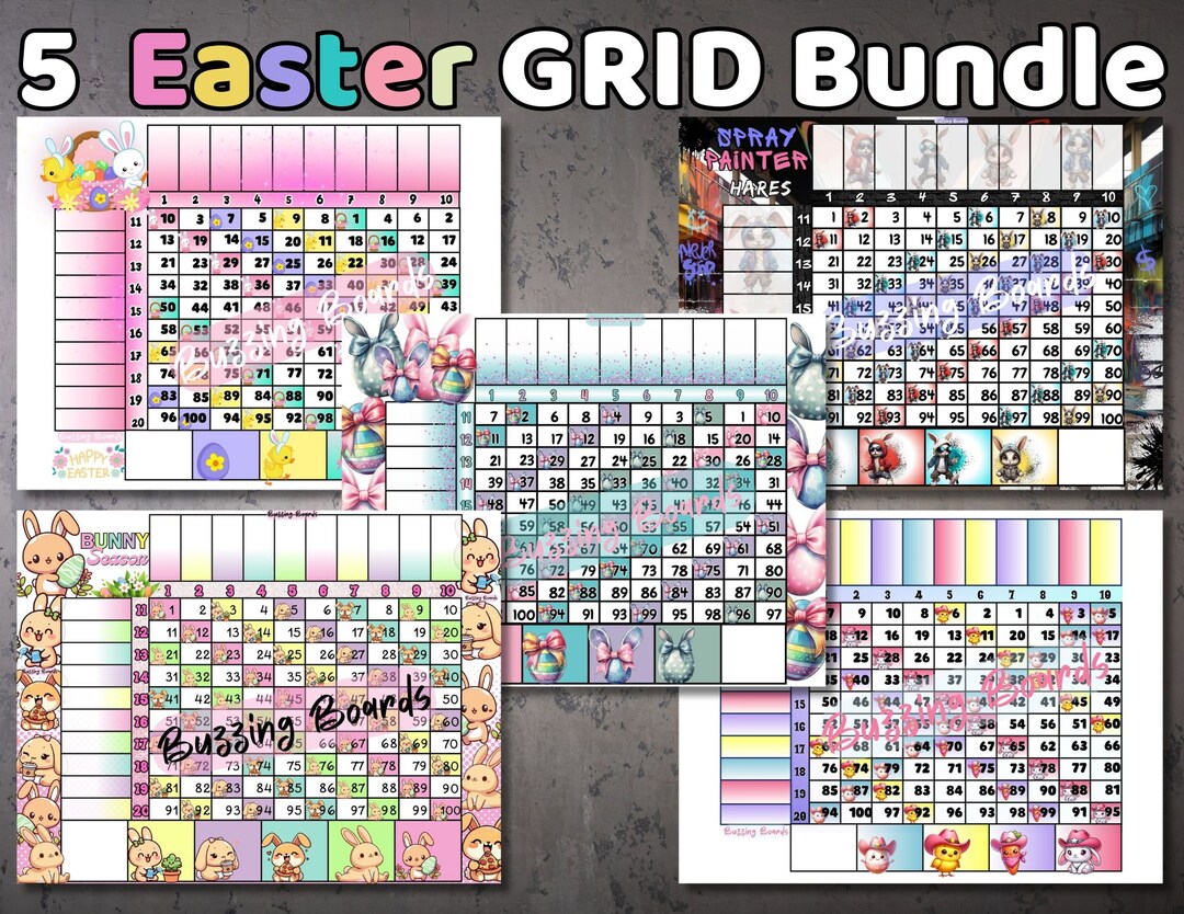 5 Easter Bingo Grids, 10x10 Grid, 20 Players, 10 PDF Files (straight ...