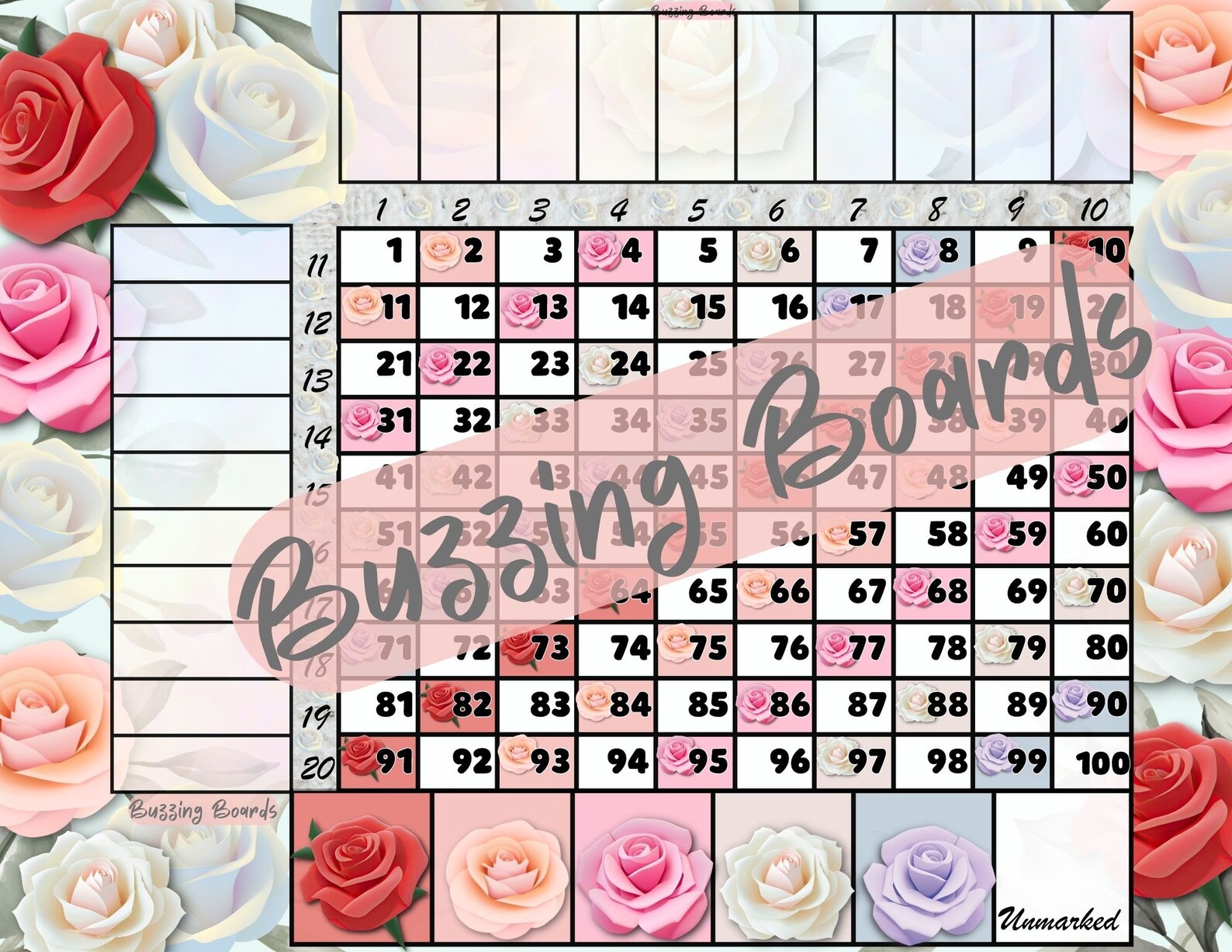 5 Rose Grid Bingo Board, 10x10 Grid, 20 Players, 2 PDF Files (straight ...