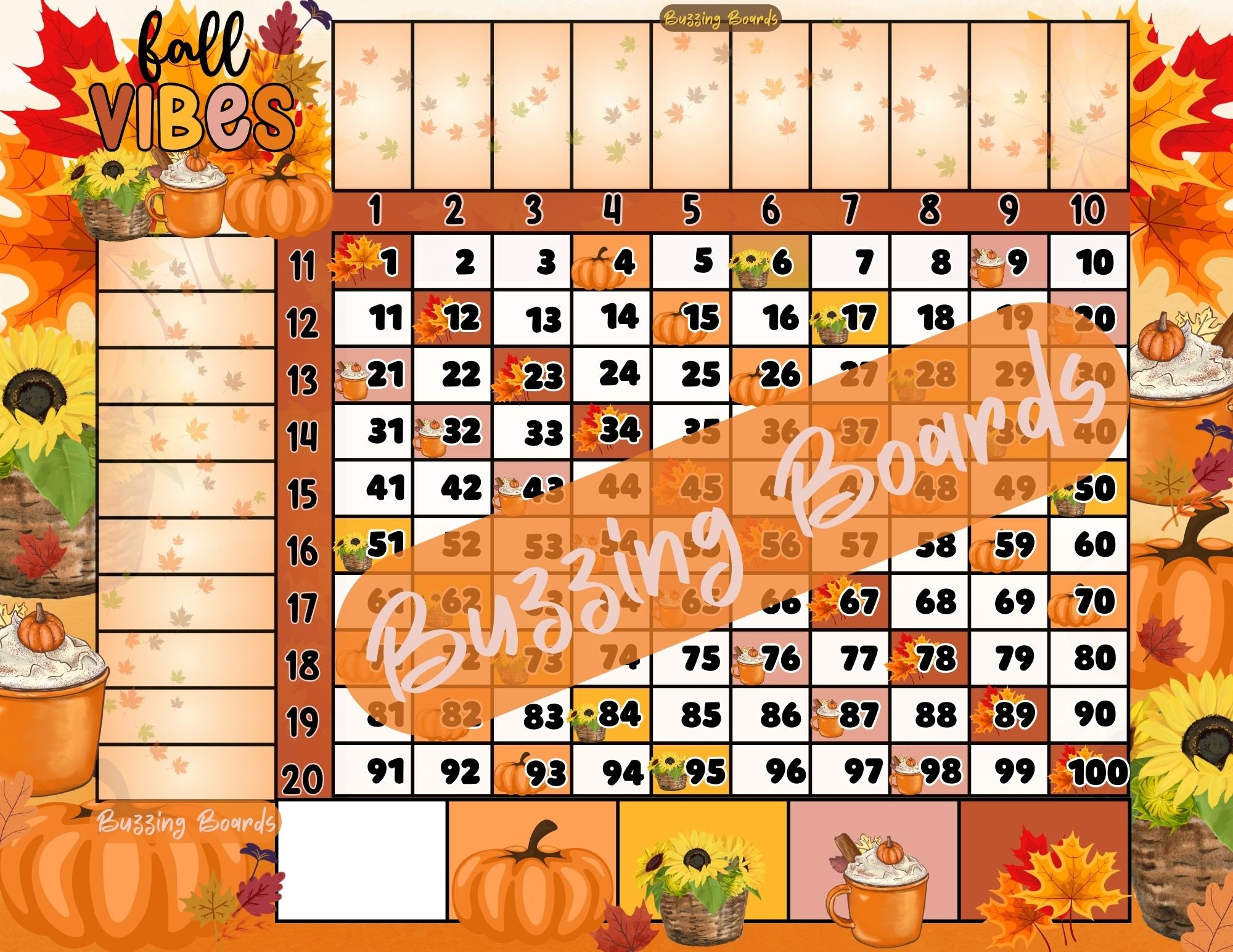 Fall Vibes Grid Bingo Board, 10x10 Grid, 20 Players, 2 PDF Files ...