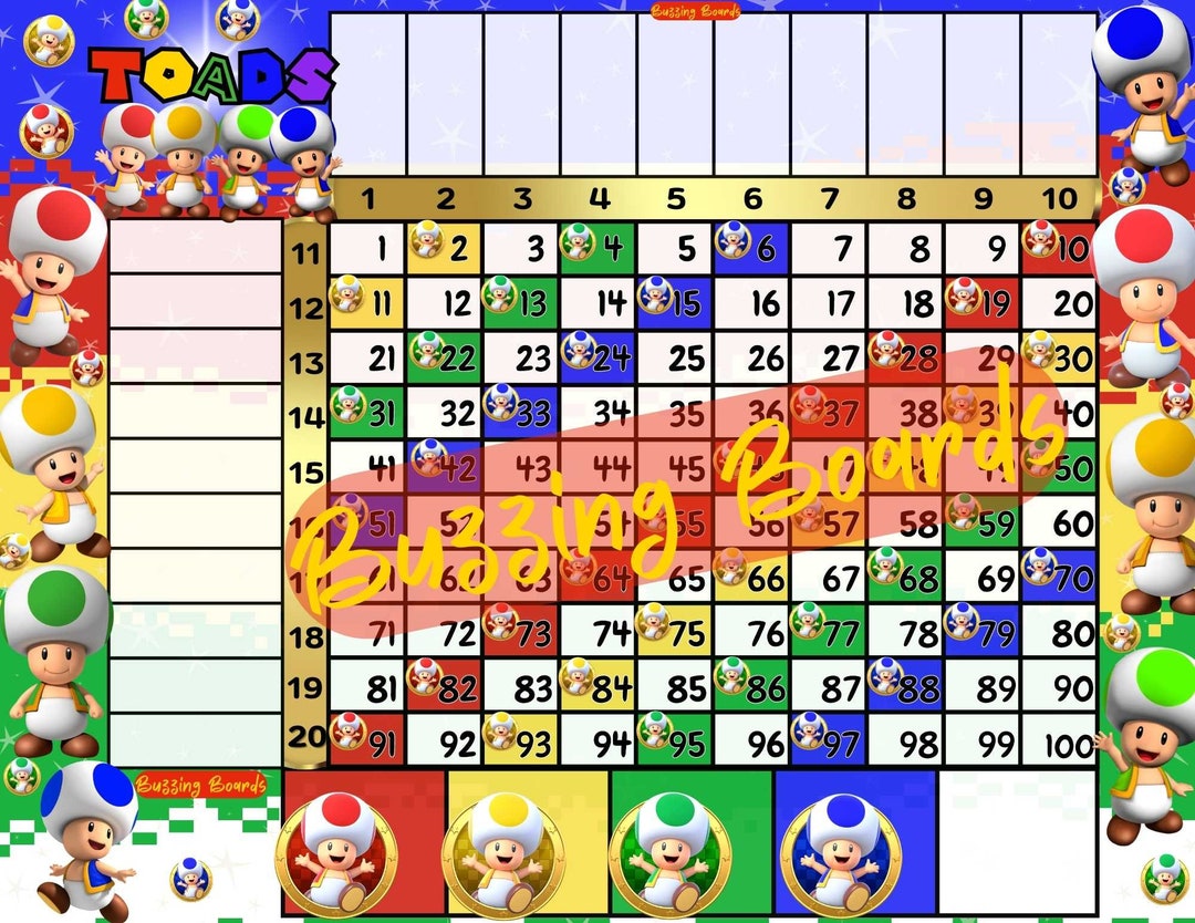 Toads Bingo Board Grid, 10x10 Grid, 20 Players, 2 PDF Files straight ...