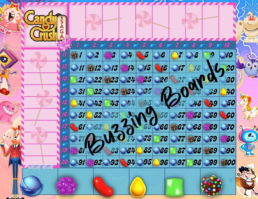 Candycrush Bingo Board, 10x10 Grid, 20 Players, 2 PDF Files (straight ...