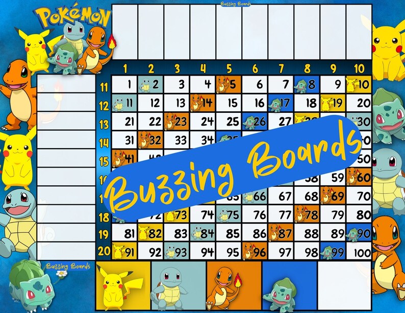 Pokémongrid Bingo Board, 10x10 Grid, 20 Players, 2 PDF Files (straight ...