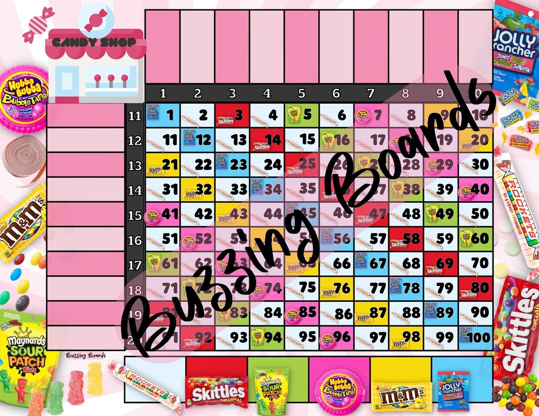 Candy Shop Bingo Board, 10x10 Grid, 20 Players, 2 PDF Files (straight ...