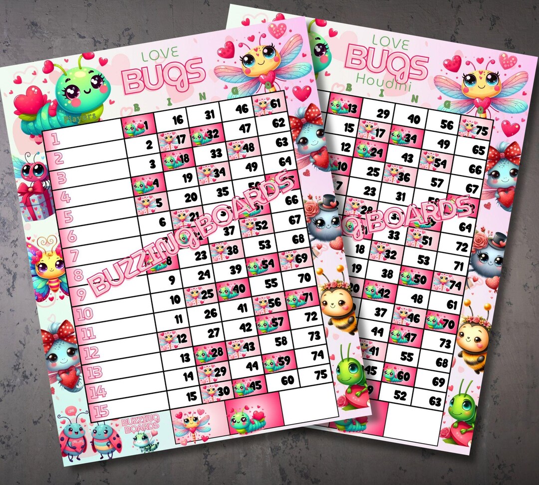 Love Bugs Valentine Straight and Houdini Bingo Board, 2 Pdf's (straight ...