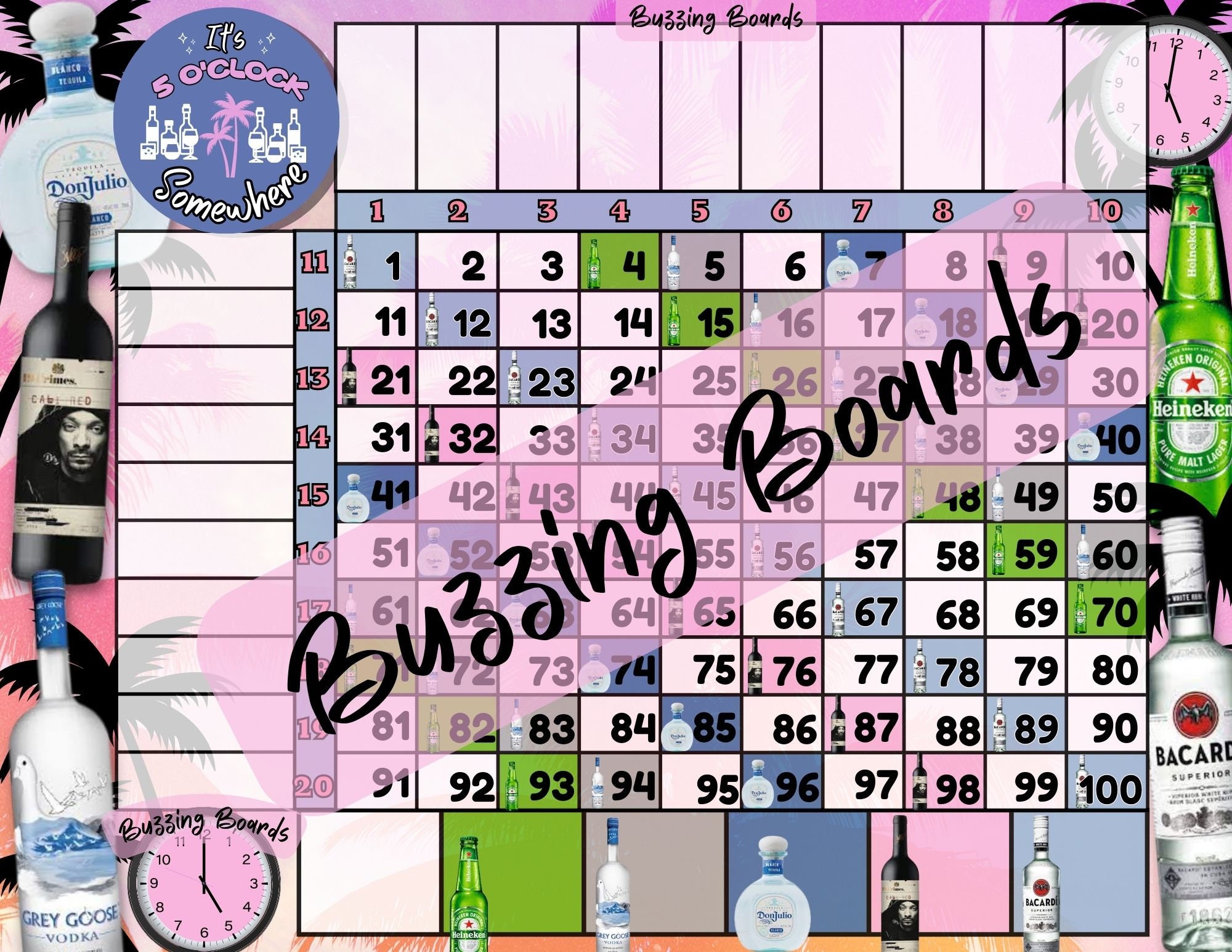Alcohol Bingo Board Grid, 10x10 Grid, 20 Players, 2 PDF Files (straight ...