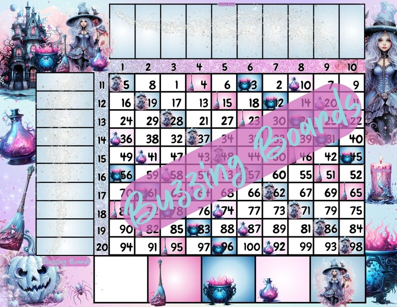 Pastel Witch Bingo Board Grid, 10x10 Grid, 20 Players, 2 PDF Files ...