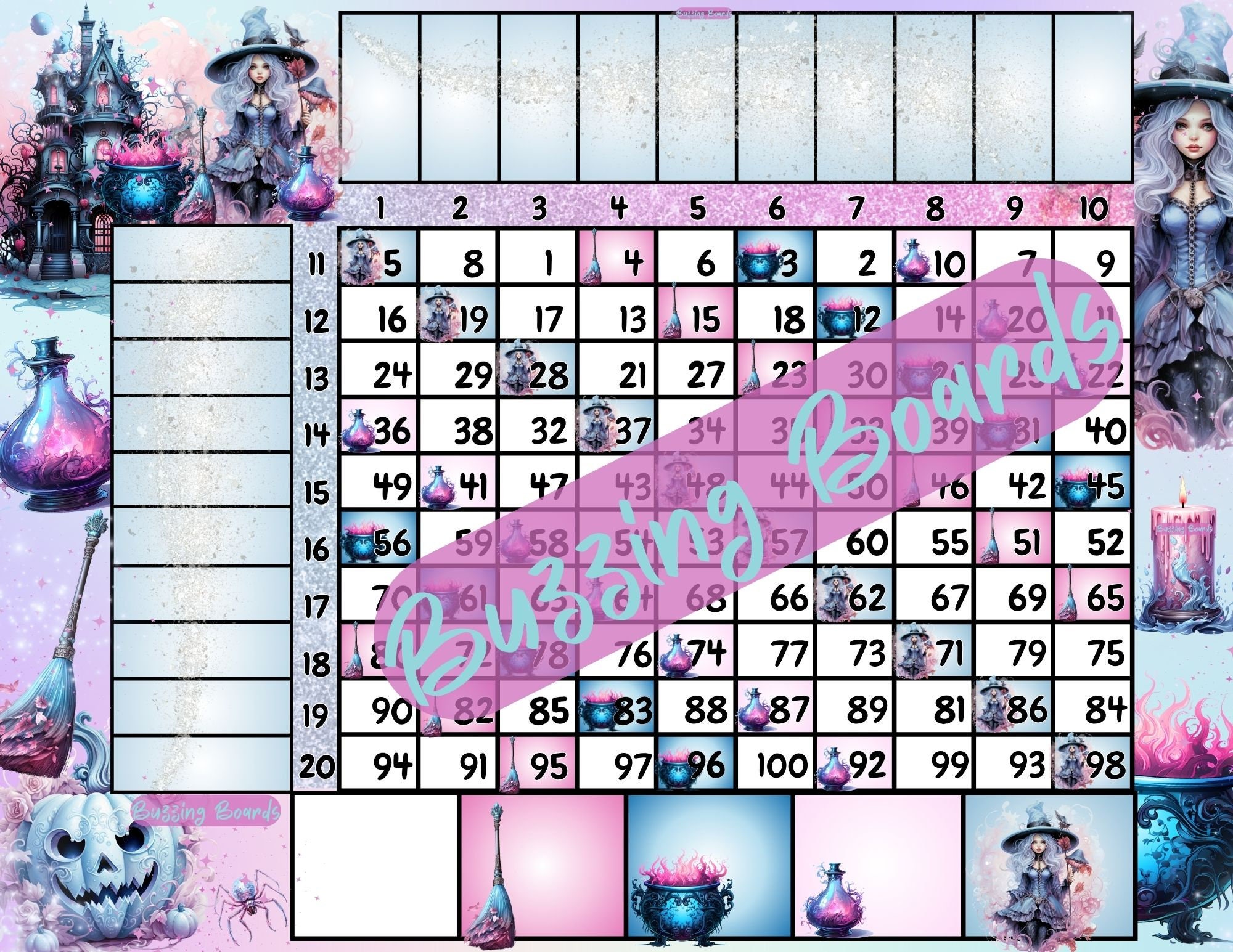 Pastel Witch Bingo Board Grid, 10x10 Grid, 20 Players, 2 PDF Files ...