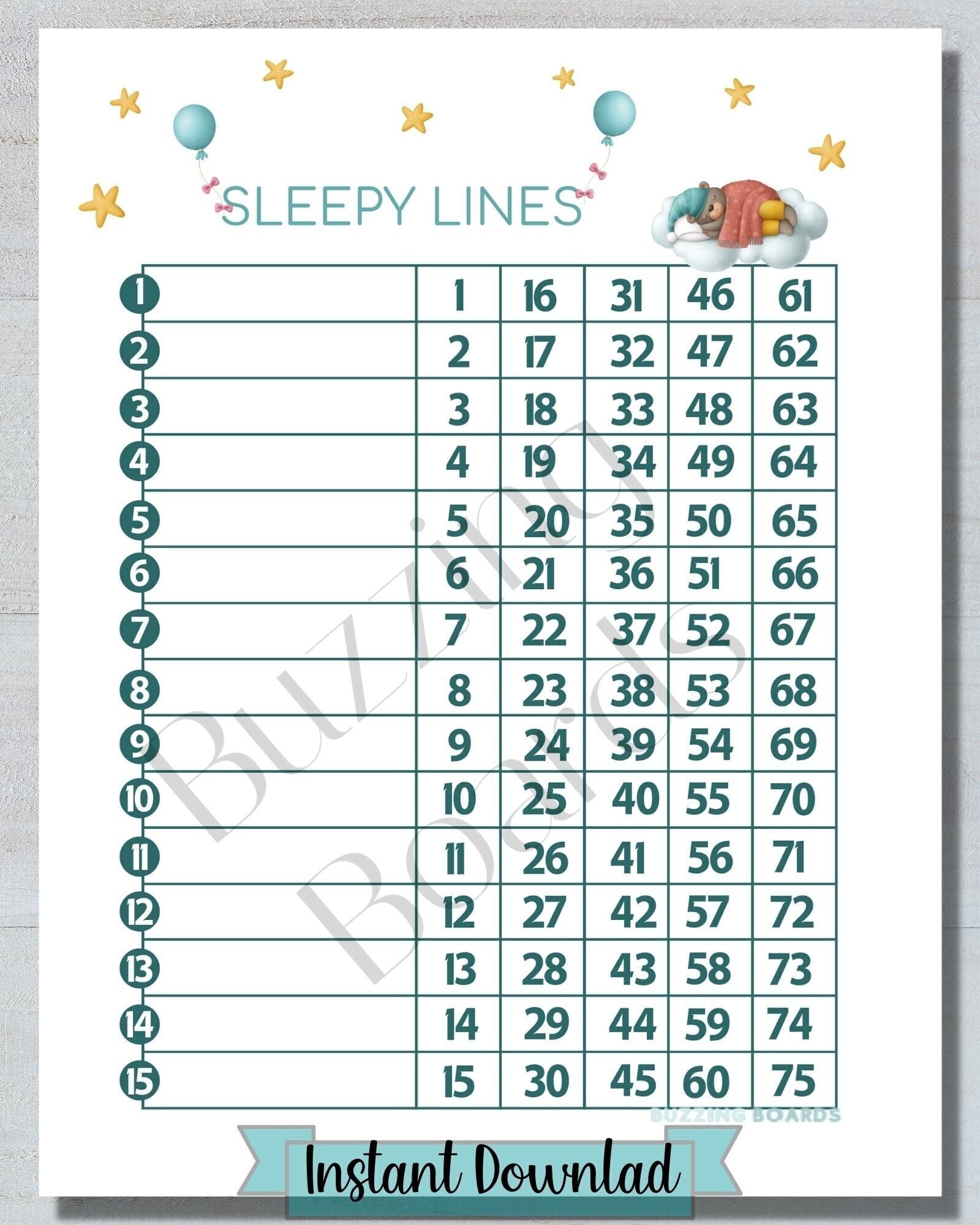 2 Sleepy Lines Bingo Boards 15 Lines straight and mixed PDF | Etsy