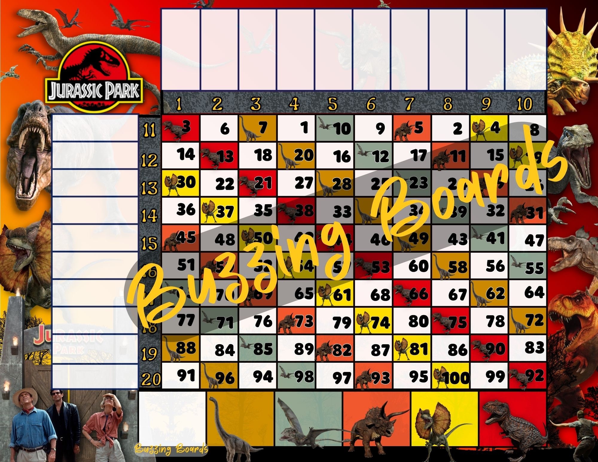 Jurassicpark Bingo Board, 10x10 Grid, 20 Players, 2 PDF Files (straight ...