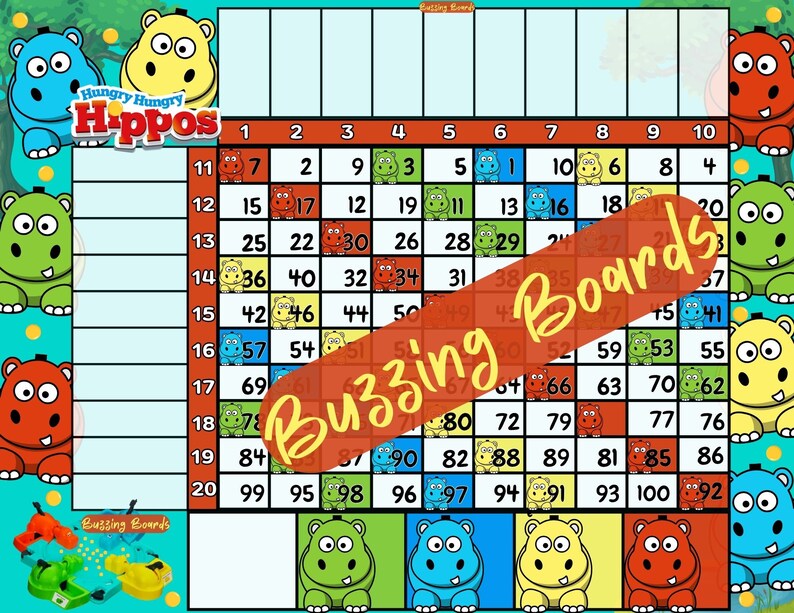 Hungry Hippos_grid Bingo Board, 10x10 Grid, 20 Players, 2 PDF Files ...
