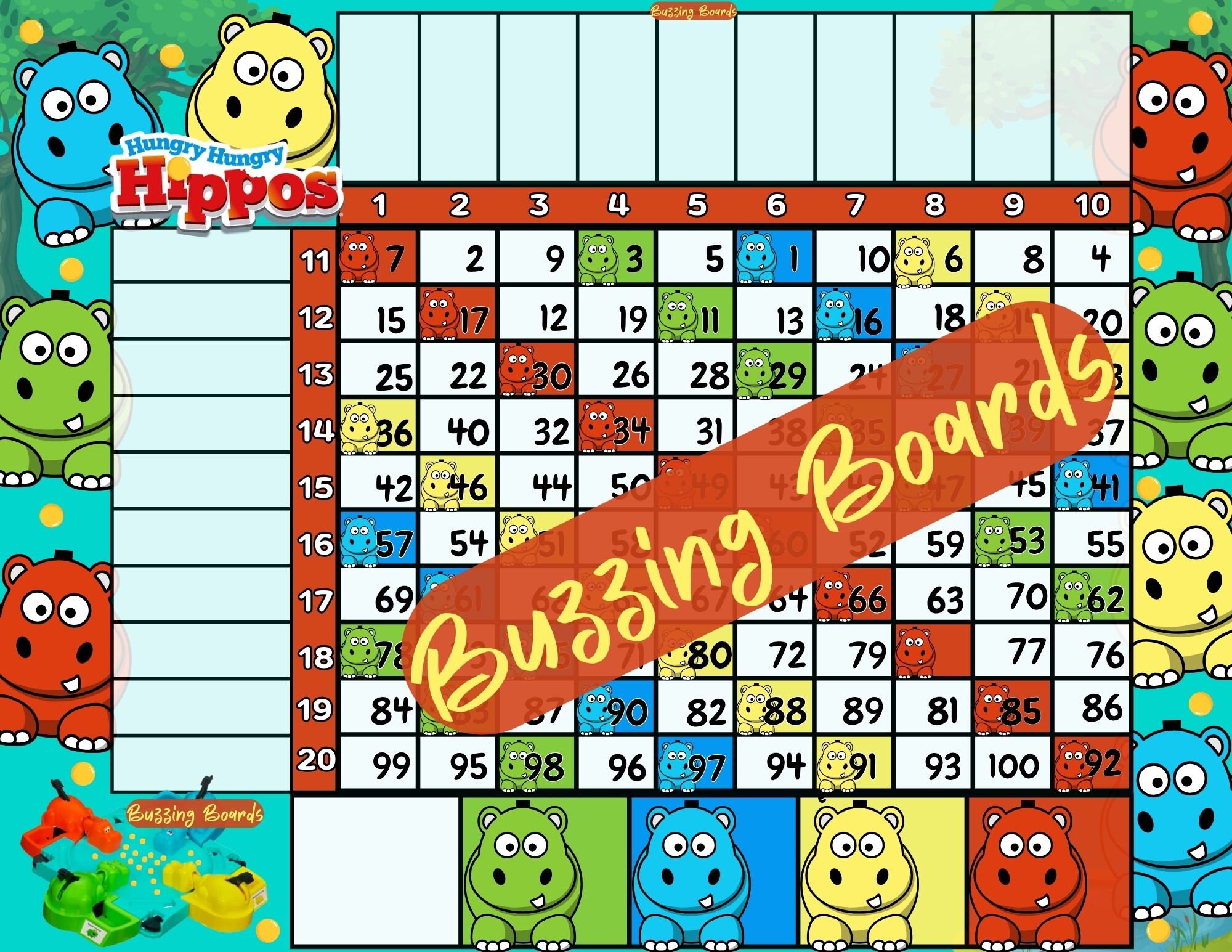 Hungry Hippos_grid Bingo Board, 10x10 Grid, 20 Players, 2 PDF Files ...