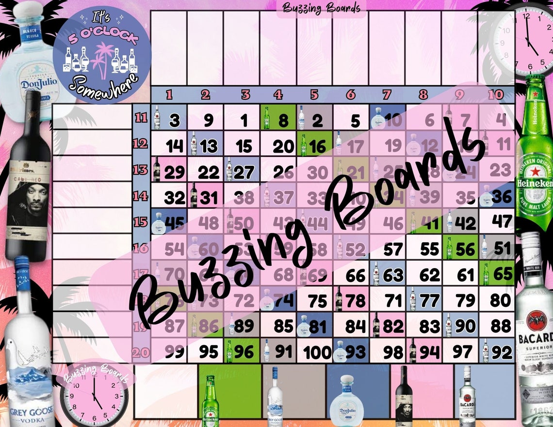 Alcohol Bingo Board Grid, 10x10 Grid, 20 Players, 2 PDF Files (straight ...