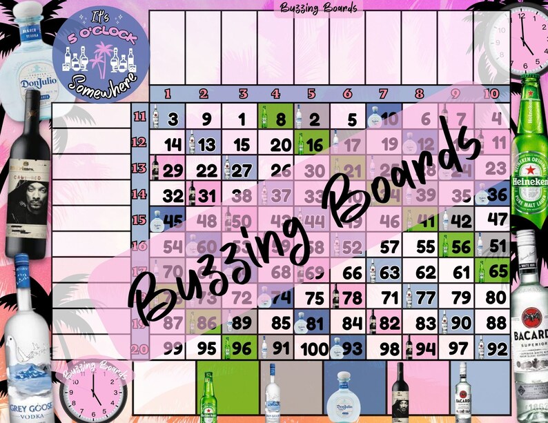 Alcohol Bingo Board Grid, 10x10 Grid, 20 Players, 2 PDF Files (straight ...