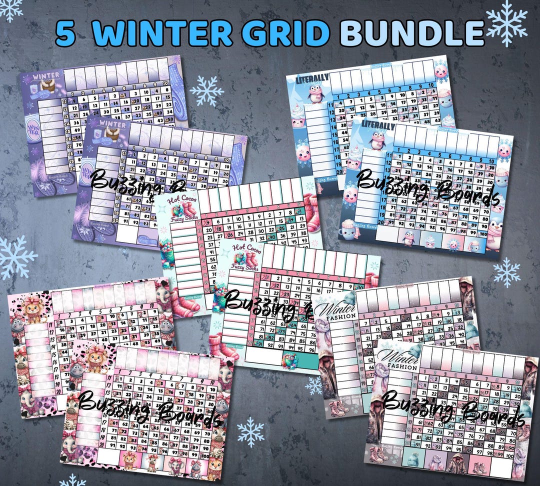 Five Winter Theme Bingo GRID Pack, Bingo Board Bundle - 20 Lines (1-100 ...