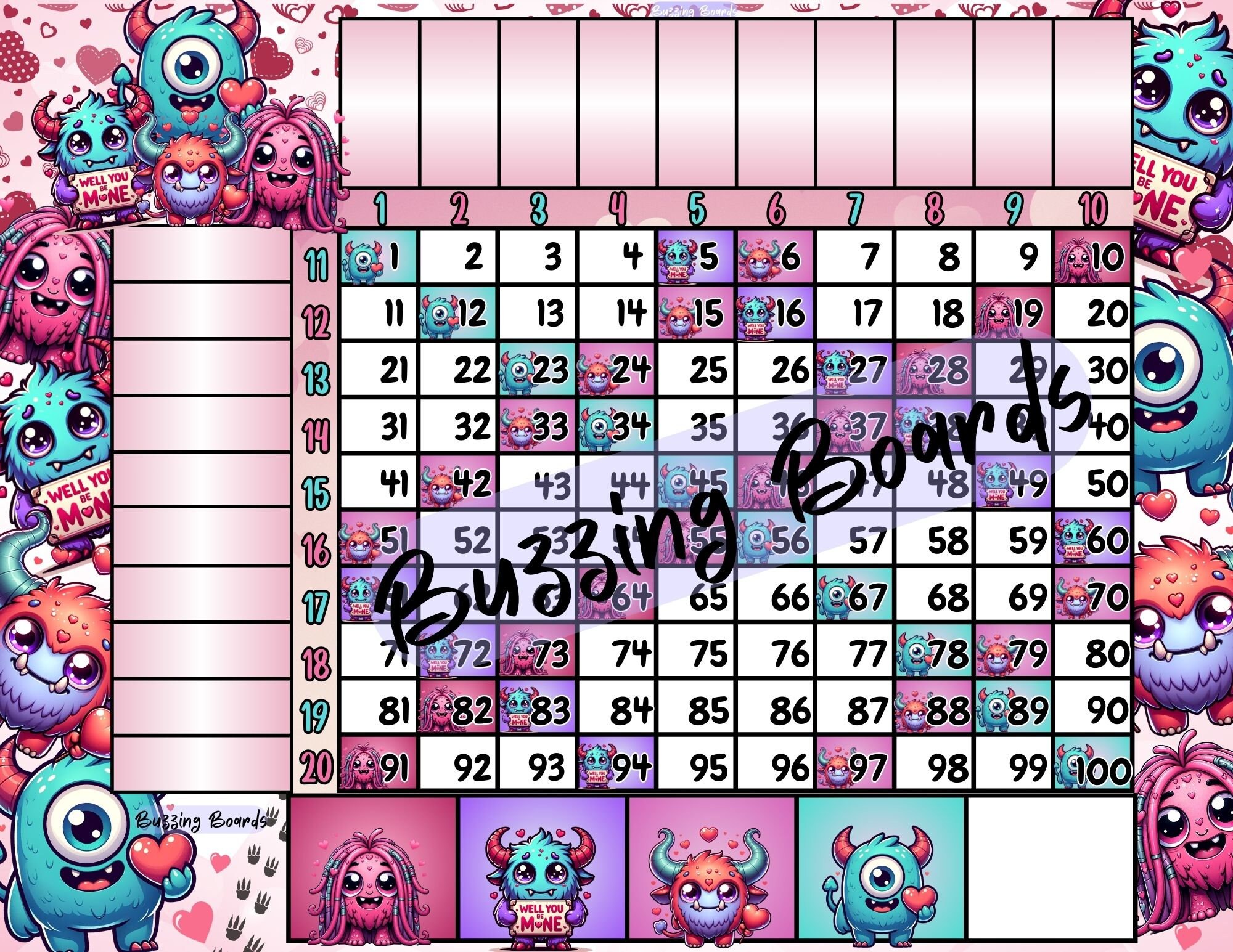 Monster Love Bingo Board, 10x10 Grid, 20 Players, 2 PDF Files straight ...